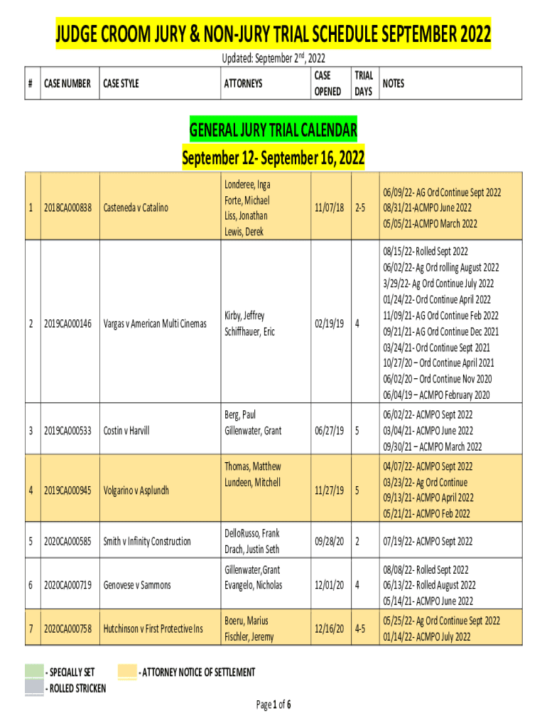 Fillable Online JUDGE CROOM JURY & NON-JURY TRIAL SCHEDULE SEPTEMBER ...