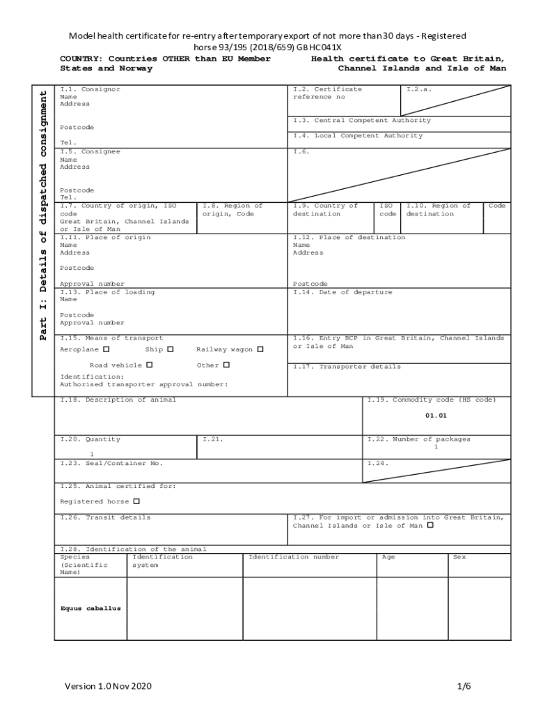 Fillable Online GBHC041X. Model health certificate for re-entry after temporary export of not ...