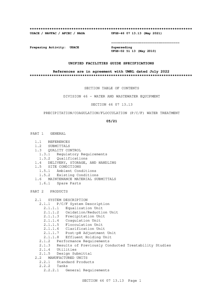 Fillable Online UFGS 46 07 13.13 Precipitation/Coagulation/Flocculation ...