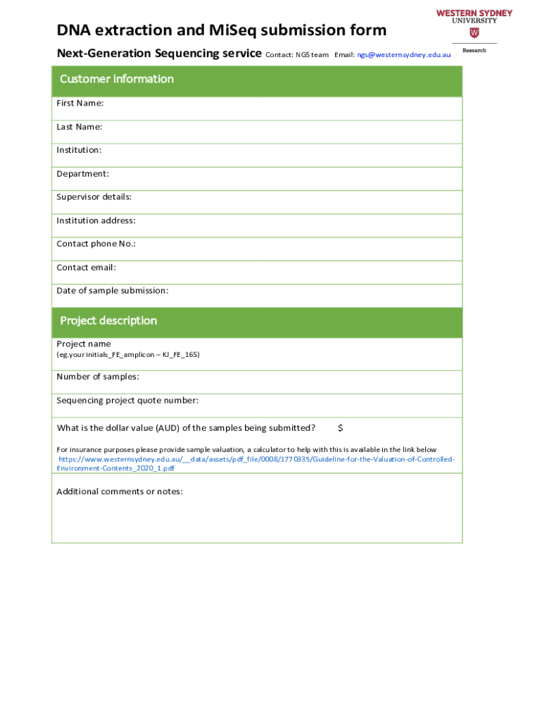 Fillable Online www.westernsydney.edu.auresearchcentralisedDNA and MiSeq Sample Submission Form ...