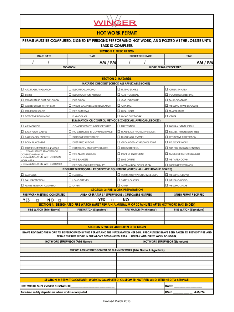 Fillable Online Hot Work Permit Template: Free Download ...