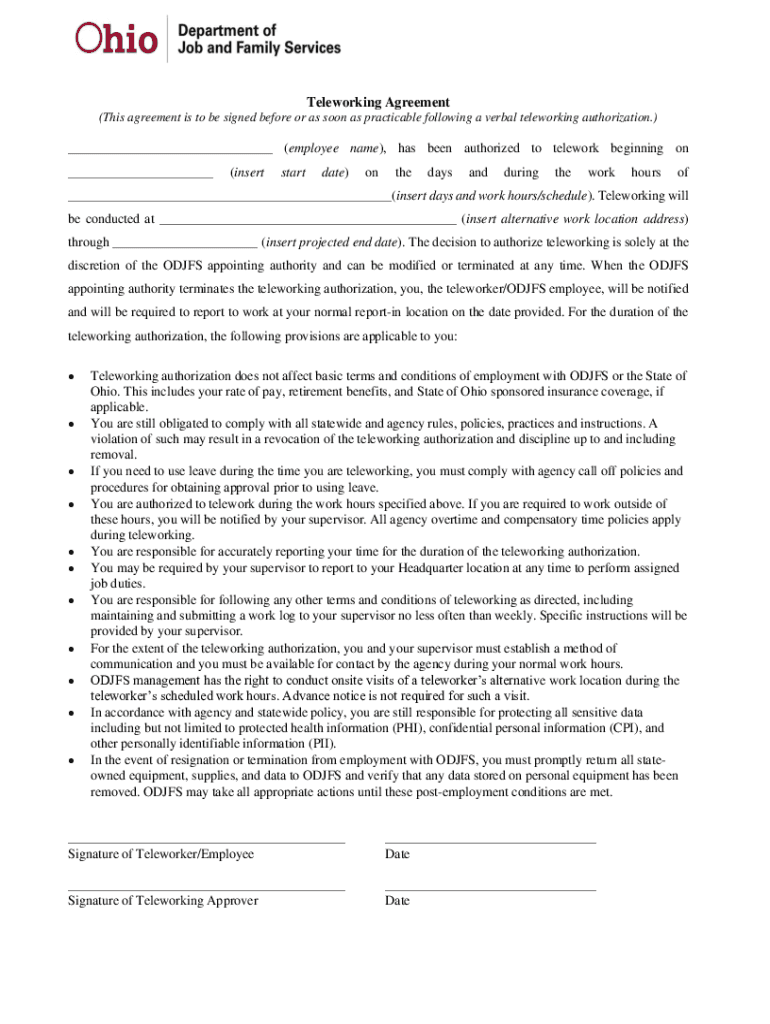 Fillable Online jfs ohio jfs.ohio.gov ocomm pdfTeleworking Agreement ...