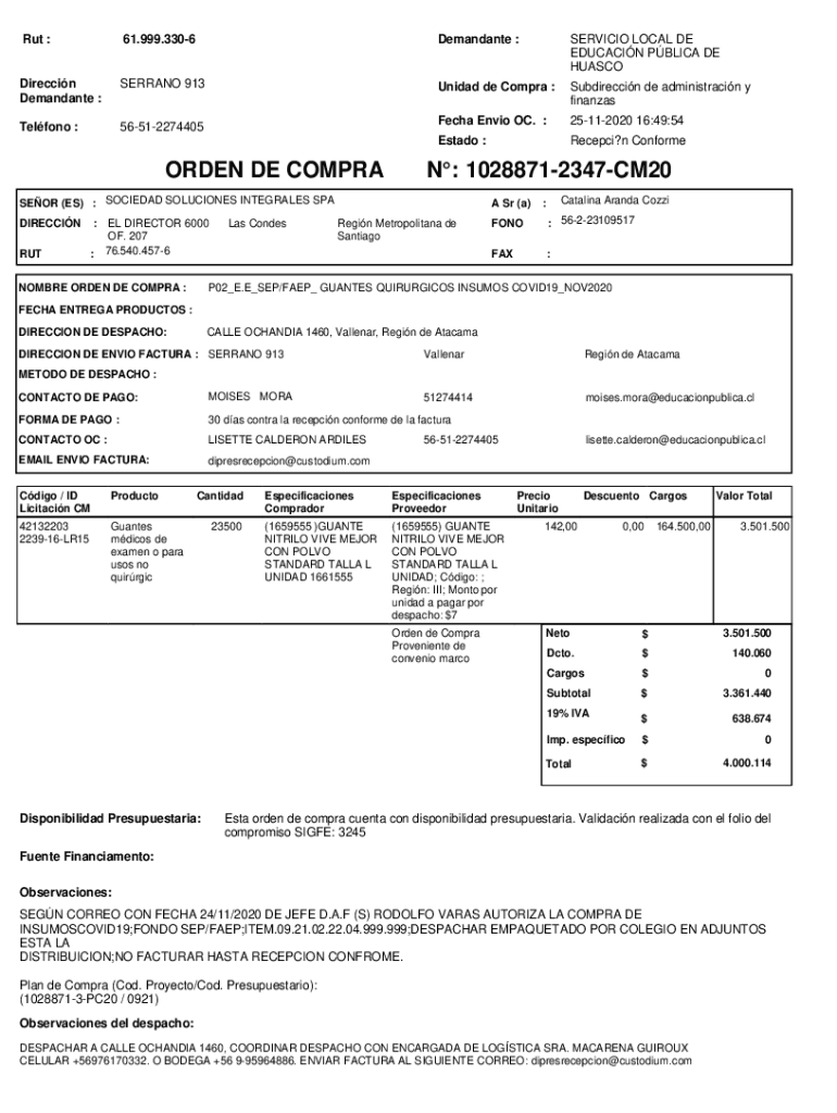 Fillable Online ORDEN DE COMPRA N: 1028871-2347-CM20 Fax Email Print ...