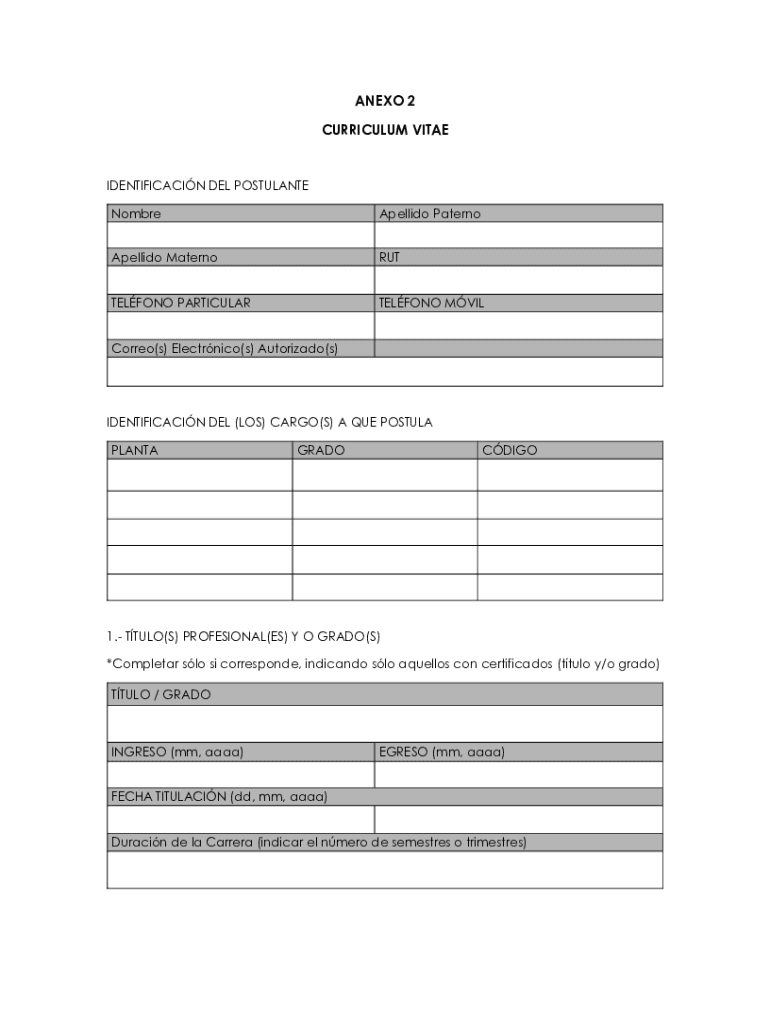 Fillable Online ANEXO 2 CURRICULUM VITAE Fax Email Print - pdfFiller