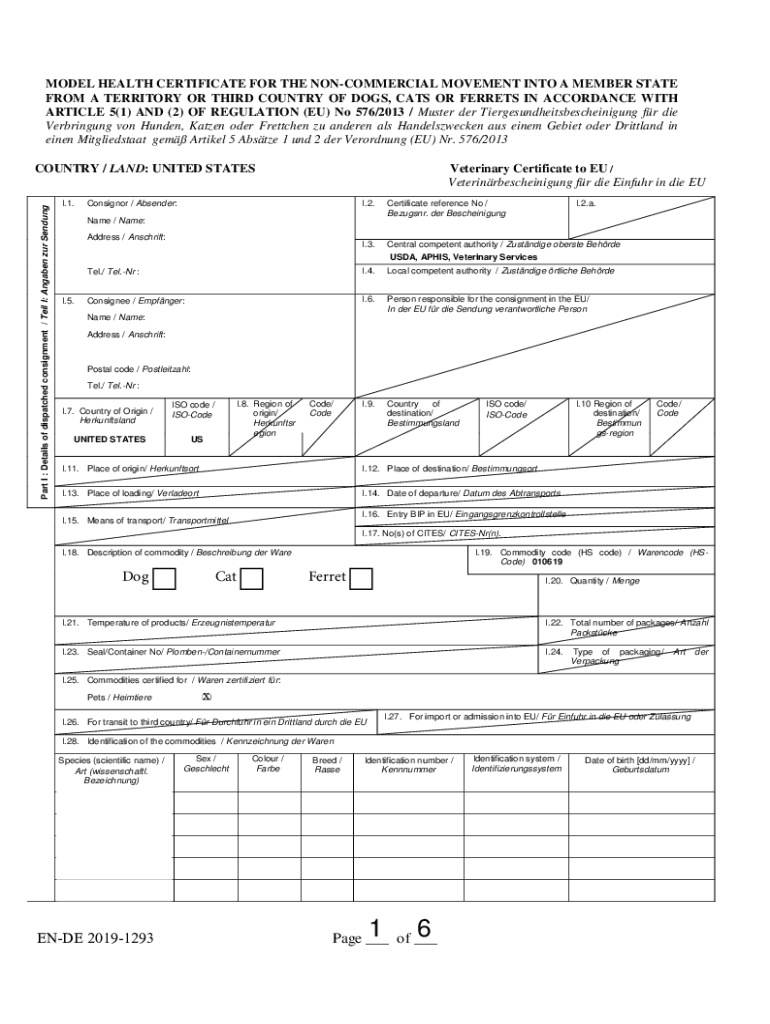 Fillable Online Model health certificate for the non-commercial ...