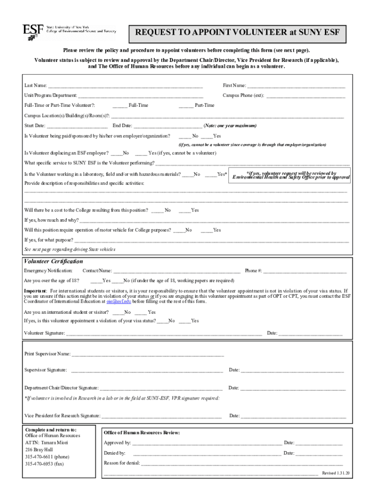 Fillable Online Request to Appoint Volunteer at SUNY ESF Fax Email ...