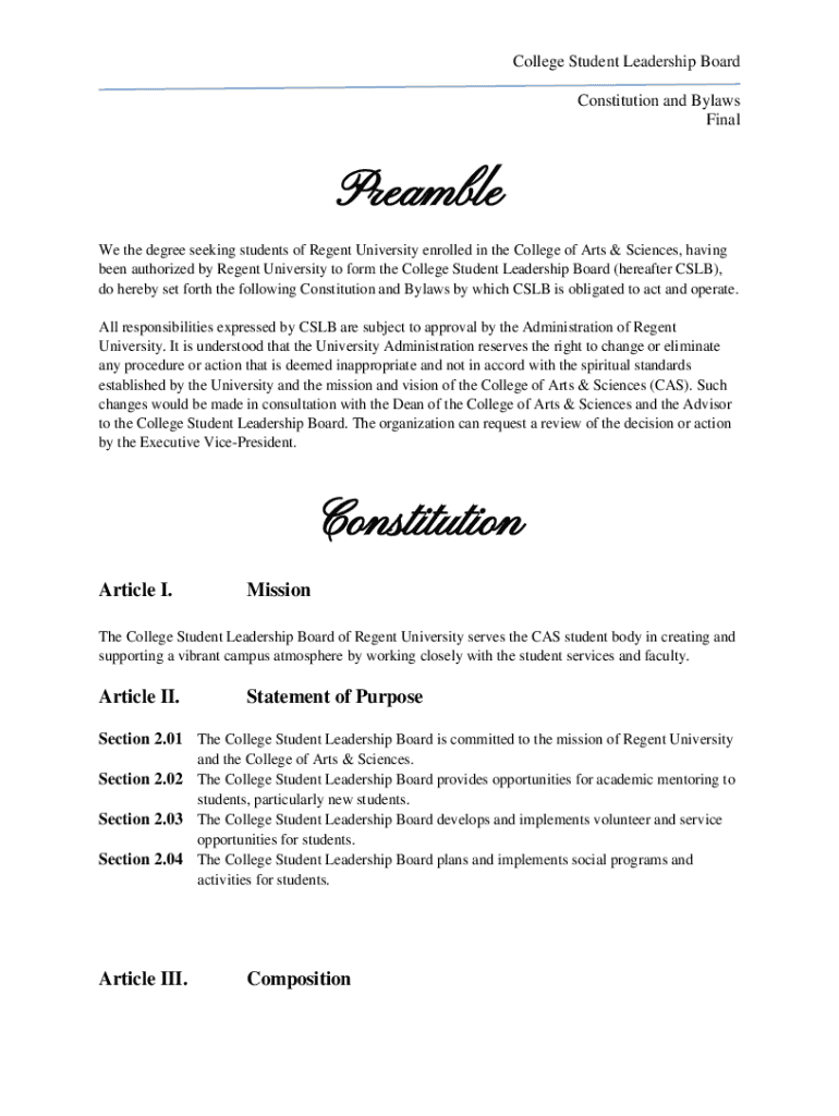 Fillable Online Preamble Constitution - Regent University Fax Email Print - pdfFiller