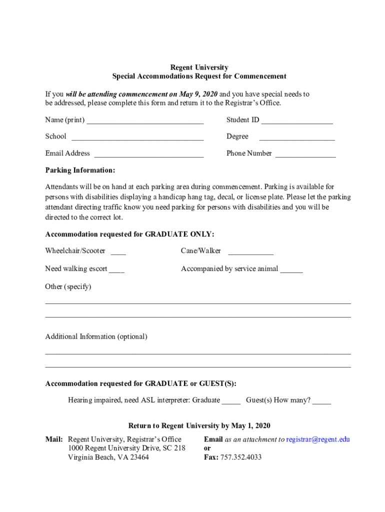 Fillable Online www.pdffiller.com13335231-SpecialAccomodationsFillable Online regent Special ...
