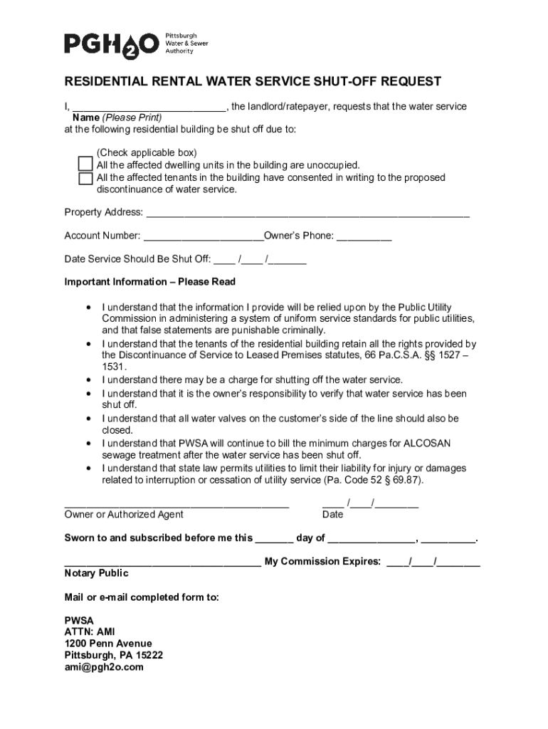 Fillable Online RESIDENTIAL RENTAL WATER SERVICE SHUT-OFF REQUEST Fax ...