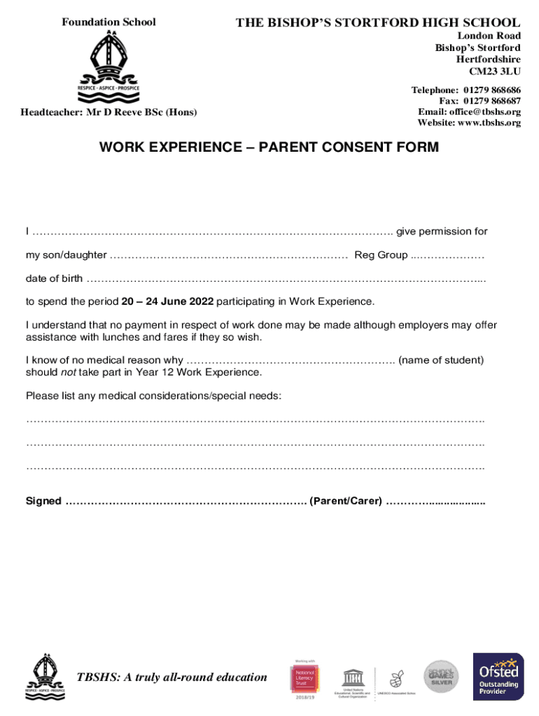 Work experience parent consent: Fill out & sign online | DocHub
