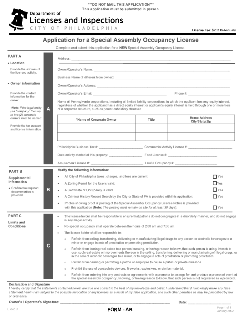 Fillable Online Application for a Special Assembly Occupancy License ...