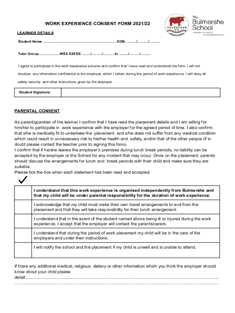 Fillable Online WORK EXPERIENCE PARENTAL CONSENT FORMFree Consent Form ...