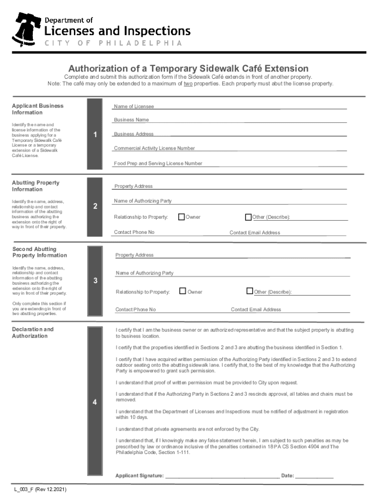 Fillable Online Authorization of a Temporary Sidewalk Caf Extension Fax ...