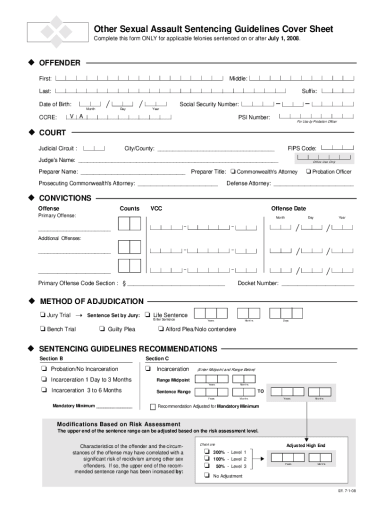 Fillable Online Other Sexual Assault Sentencing Guidelines Cover Sheet ...