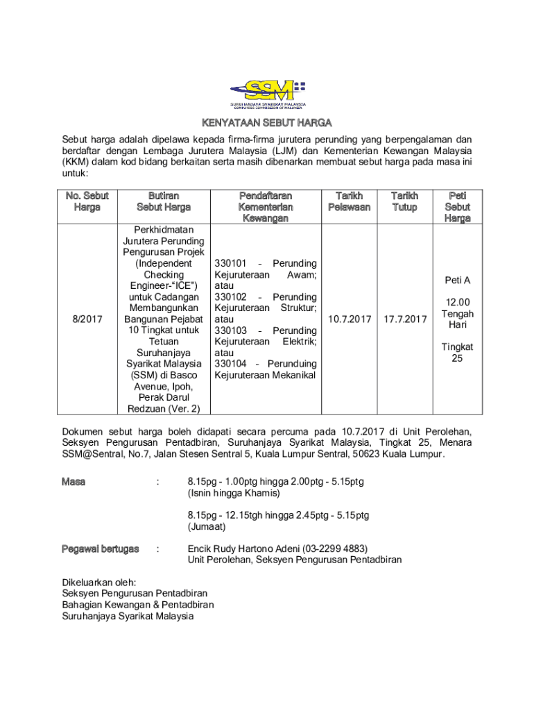 Fillable Online kenyataan tawaran sebut harga - Jabatan Perangkaan ...