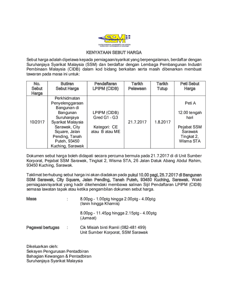 Fillable Online Sebut harga adalah dipelawa kepada perniagaan/syarikat ...
