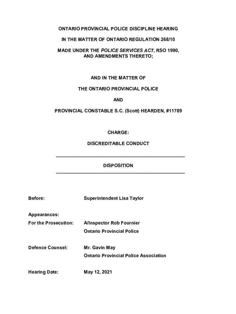 Fillable Online ONTARIO PROVINCIAL POLICE DISCIPLINE HEARING IN THE ...