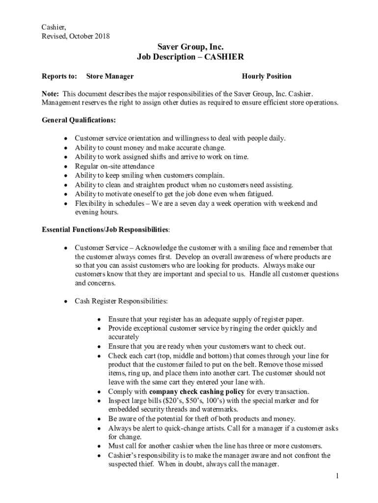 Fillable Online Job Description CASHIER Fax Email Print - pdfFiller