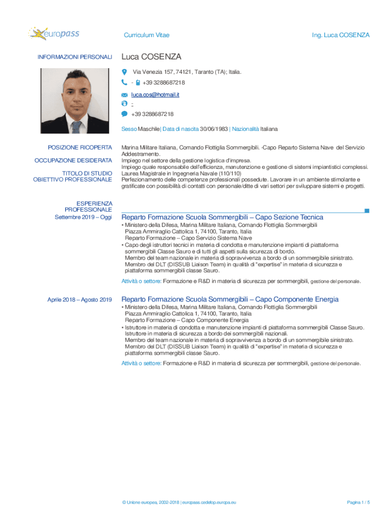 Compilabile Online Curriculum Vitae Ing. Luca COSENZA - Marina Militare ...