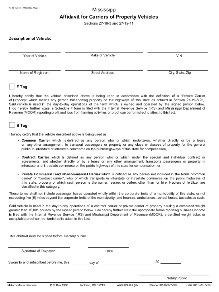 Fillable Online www.dor.ms.govsitesdefaultMississippi Affidavit for ...