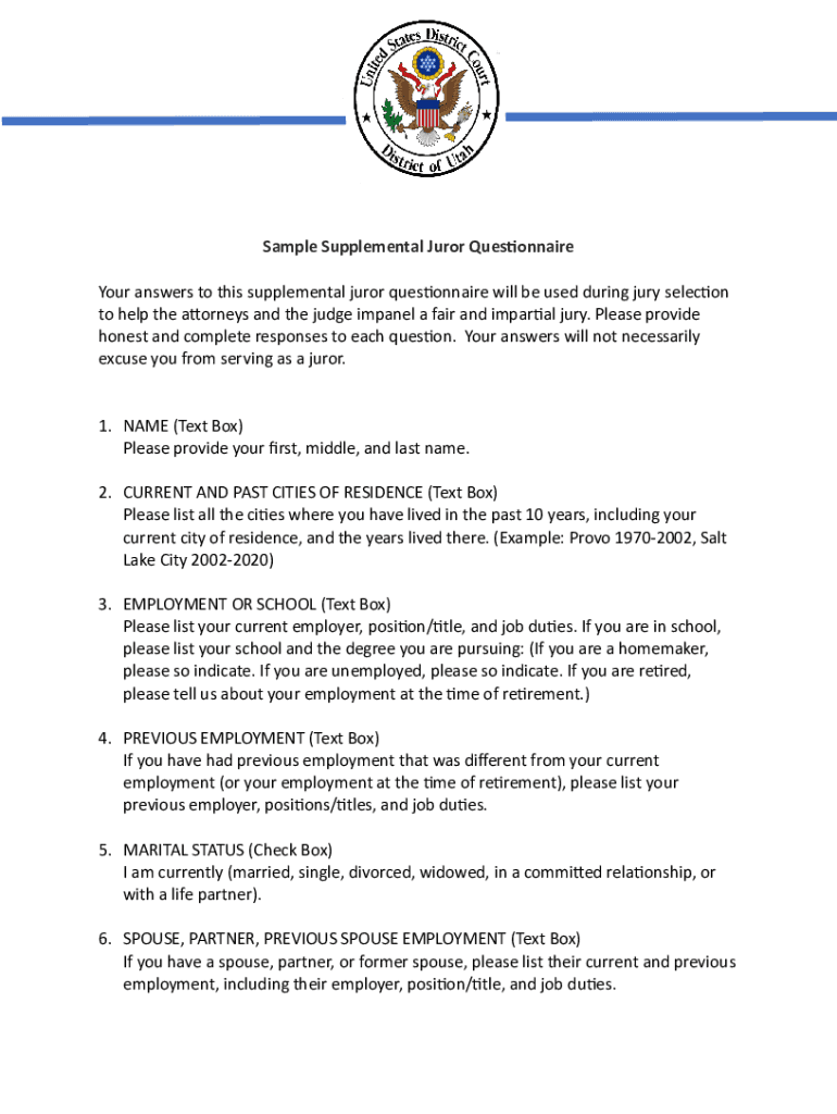 Fillable Online Sample Supplemental Juror Questionnaire Your answers to this ... Fax Email Print ...