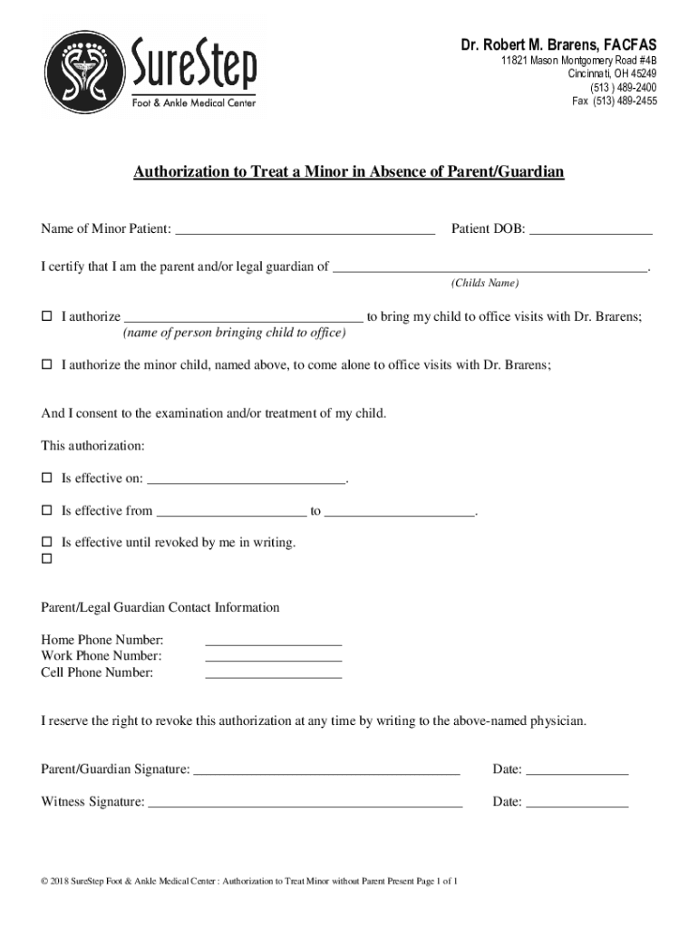 Fillable Online Authorization to Treat a Minor in Absence of Parent/Guardian Fax Email Print ...