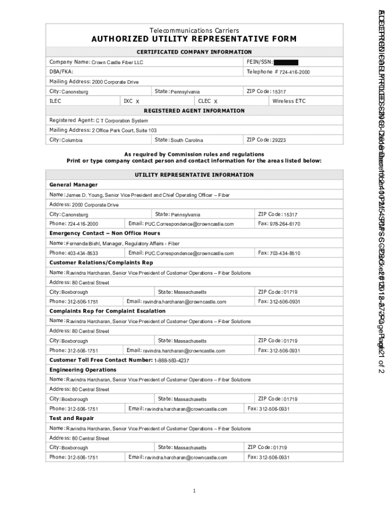 Fillable Online dms psc sc AUTHORIZED UTILITY REPRESENTATIVE FORM ...