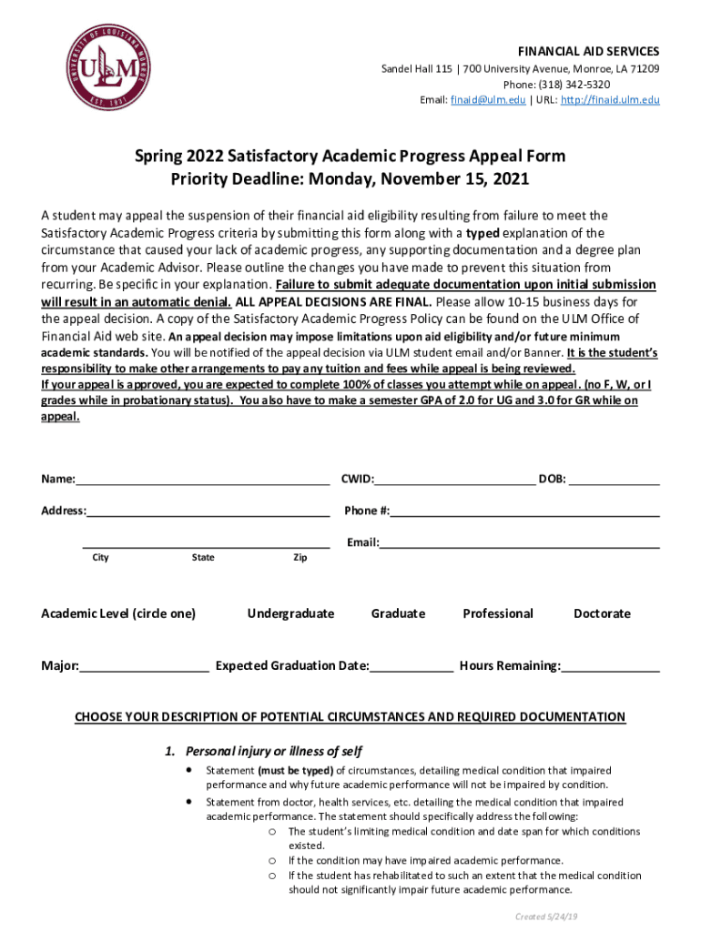 Fillable Online Spring 2022 Satisfactory Academic Progress Appeal Form ... Fax Email Print ...