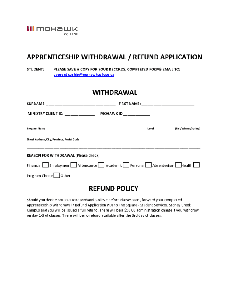 Fillable Online APPRENTICESHIP WITHDRAWAL / REFUND APPLICATION Fax ...