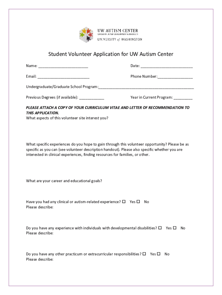 Fillable Online depts washington Student Volunteer Application for UW Autism Center Fax Email ...