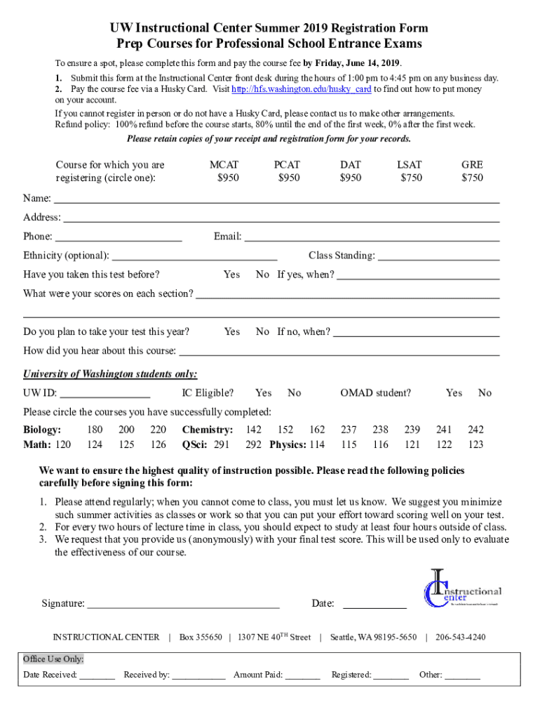 Fillable Online depts washington depts.washington.eduiccontentUW Instructional Center Summer ...