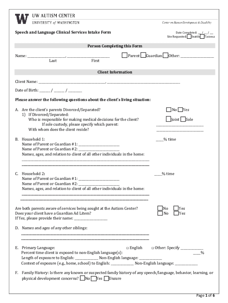 Fillable Online depts washington Speech and Language Clinical Services Intake Form Page 1 of 6 ...