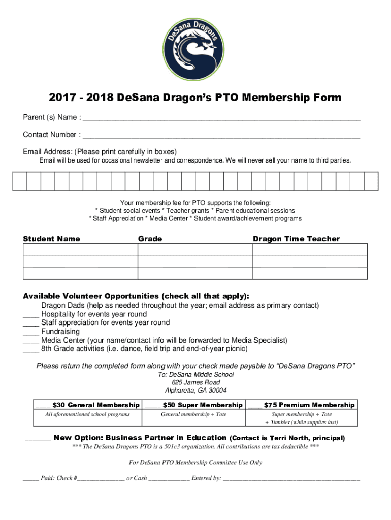 Fillable Online 2017 - 2018 DeSana Dragon's PTO Membership Form Fax ...