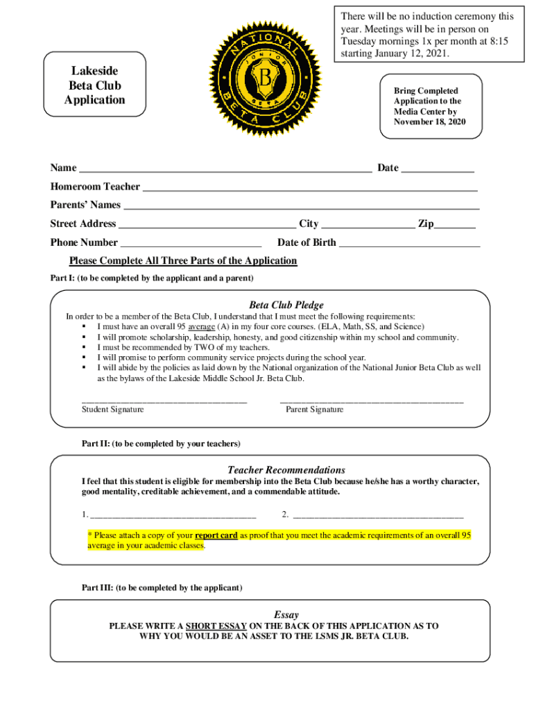 Fillable Online Lakeside Beta Club Application - Forsyth County Schools ...