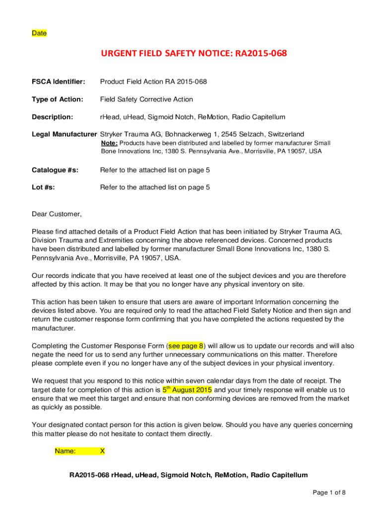 Fillable Online Field Safety Notice FSCA identifier: Product Field ...