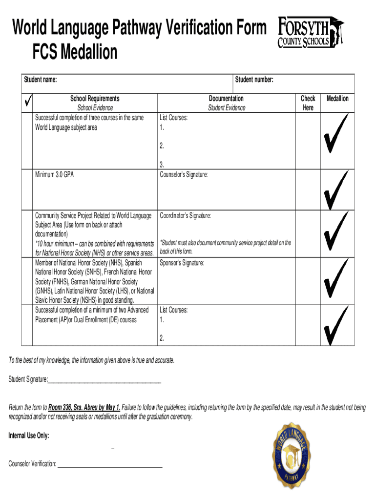 Fillable Online World Language Pathway Verification Form FCS Medallion ...