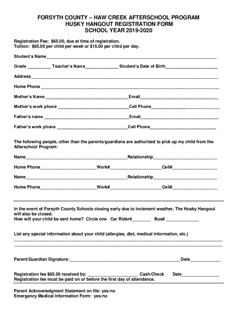 Fillable Online FORSYTH COUNTY HAW CREEK AFTERSCHOOL PROGRAM HUSKY HANGOUT REGISTRATION ... Fax ...