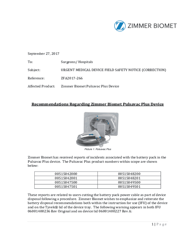 Fillable Online Recommendations Regarding Zimmer Biomet Pulsavac Plus ...