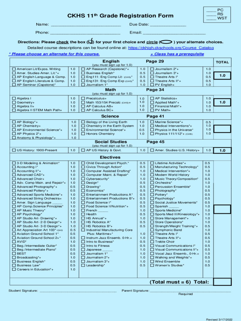 Fillable Online ckhigh ckschools 9 Grade Registration Form PC - SharpSchool Fax Email Print ...