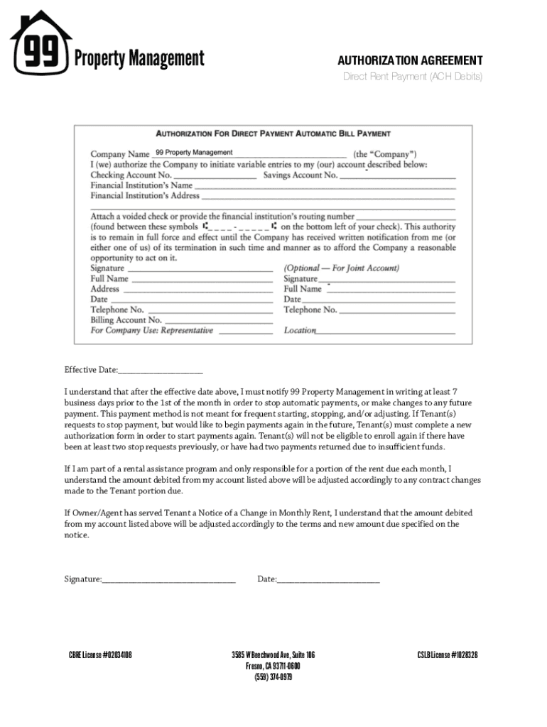 Fillable Online Authorization Agreement - 99 Properties Inc Fax Email ...