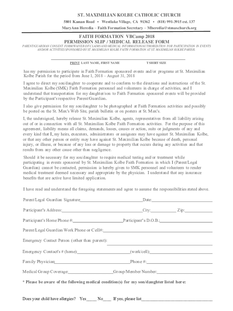 Fillable Online ST. MAXIMILIAN KOLBE CATHOLIC CHURCH FAITH ... - Clover ...