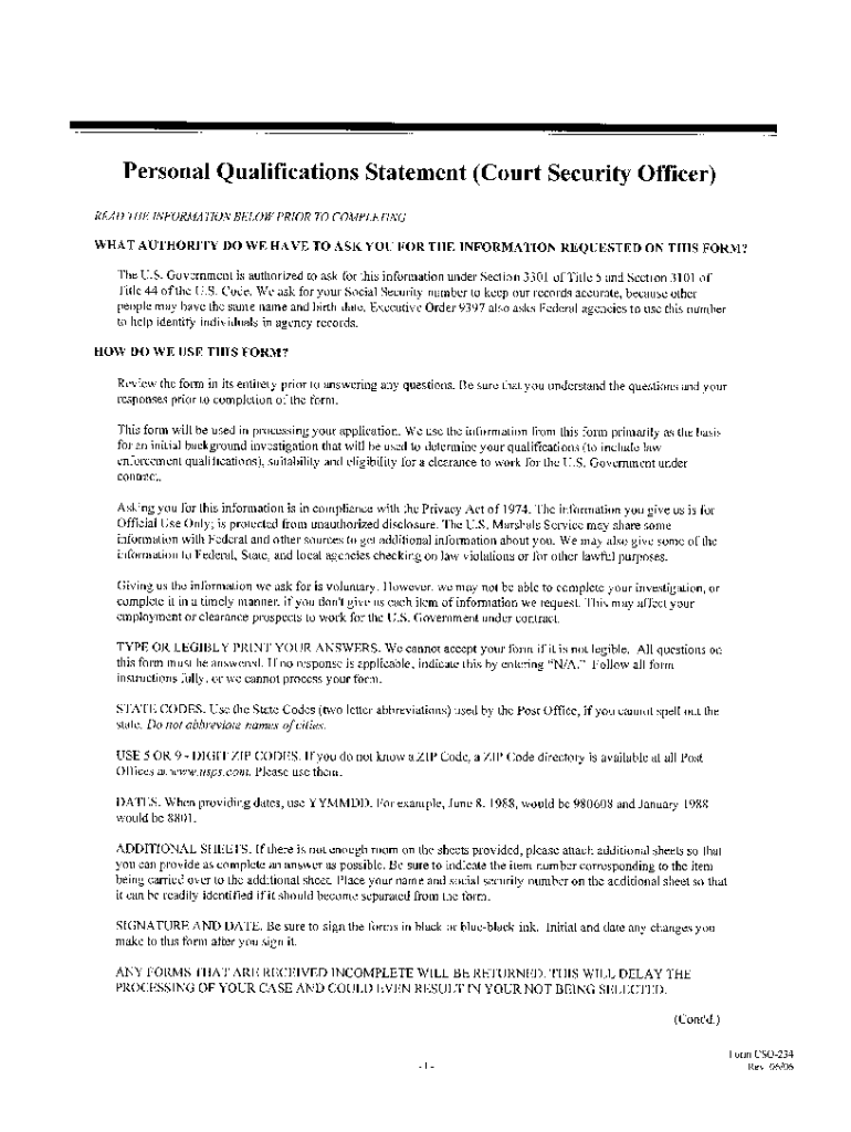 Fillable Online Personal Qualifications Statement for Court Security ...