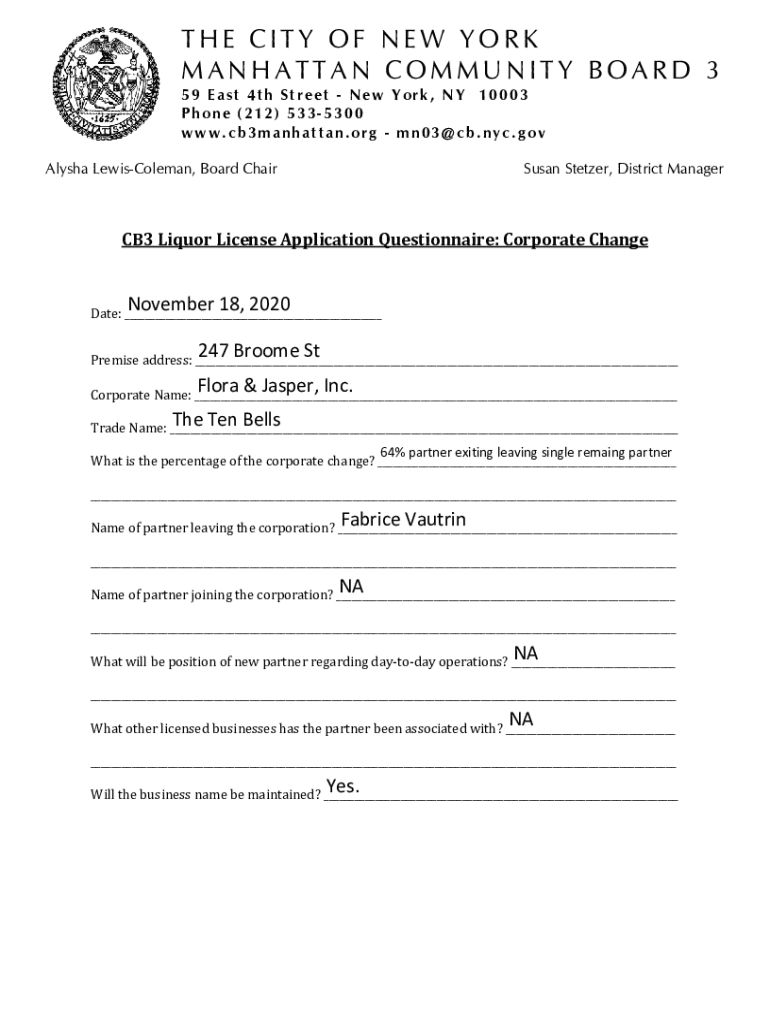 Fillable Online www1.nyc.gov assets manhattancb3CB3 Liquor License Application Questionnaire ...