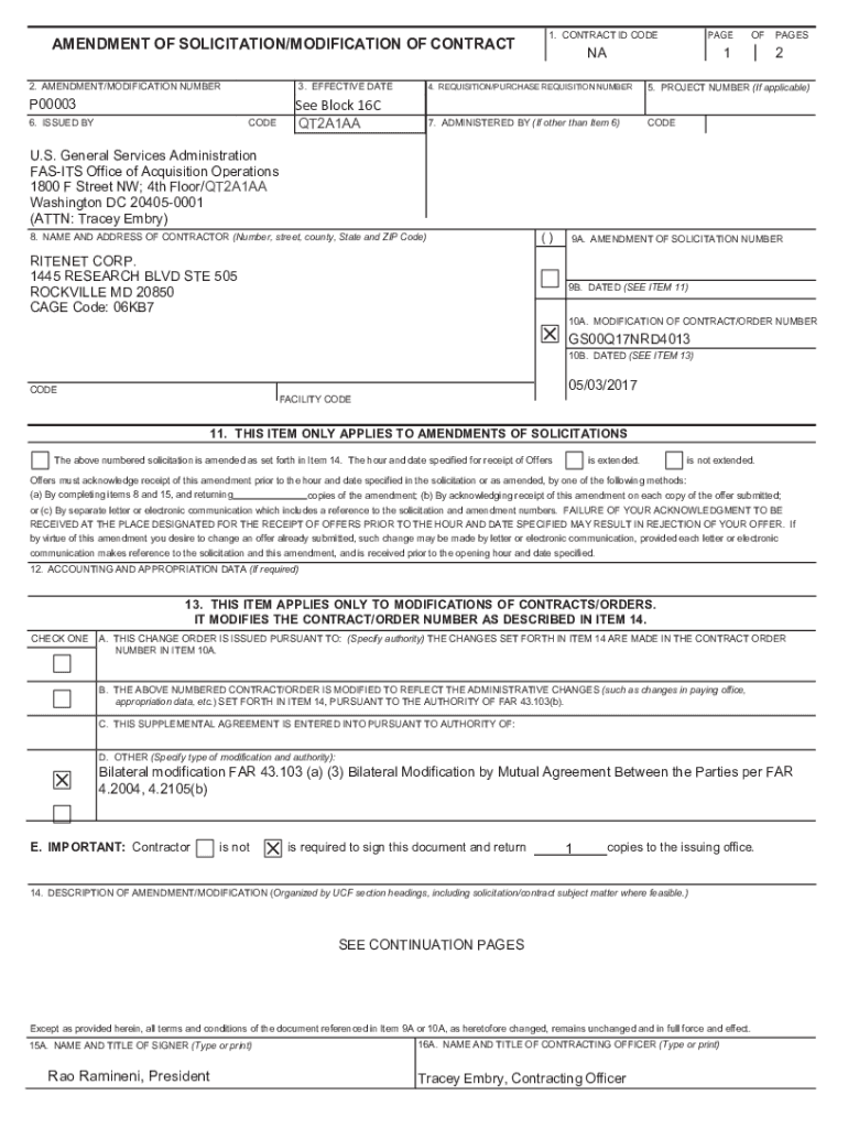 Fillable Online amendment of solicitation/modification of contract ...