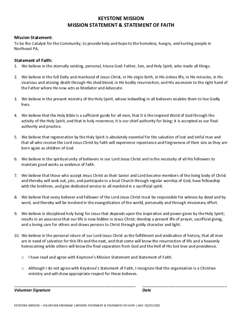 Fillable Online Mission Statement and Statement of Faith ...
