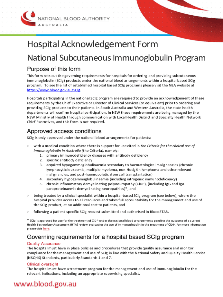 Fillable Online Hospital Acknowledgement Form National Blood Authority ...