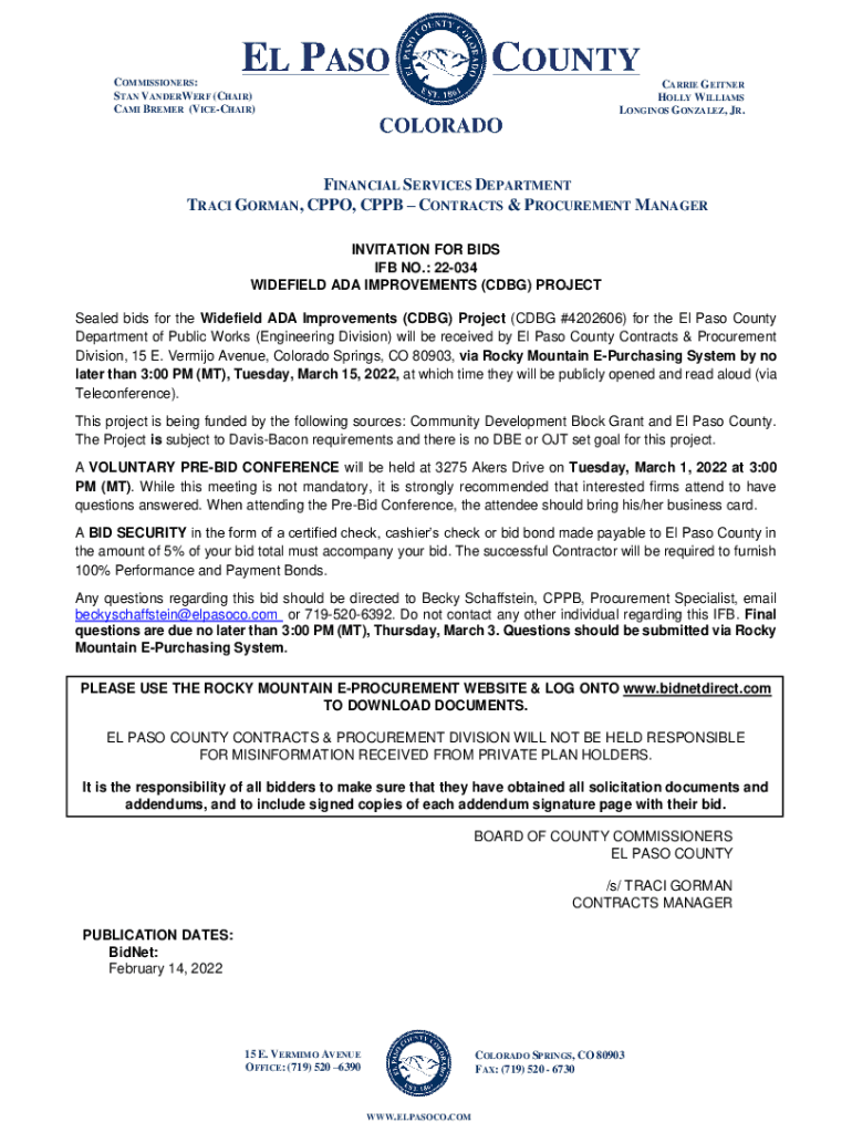Fillable Online INVITATION FOR BIDS - El Paso County Administration Fax ...