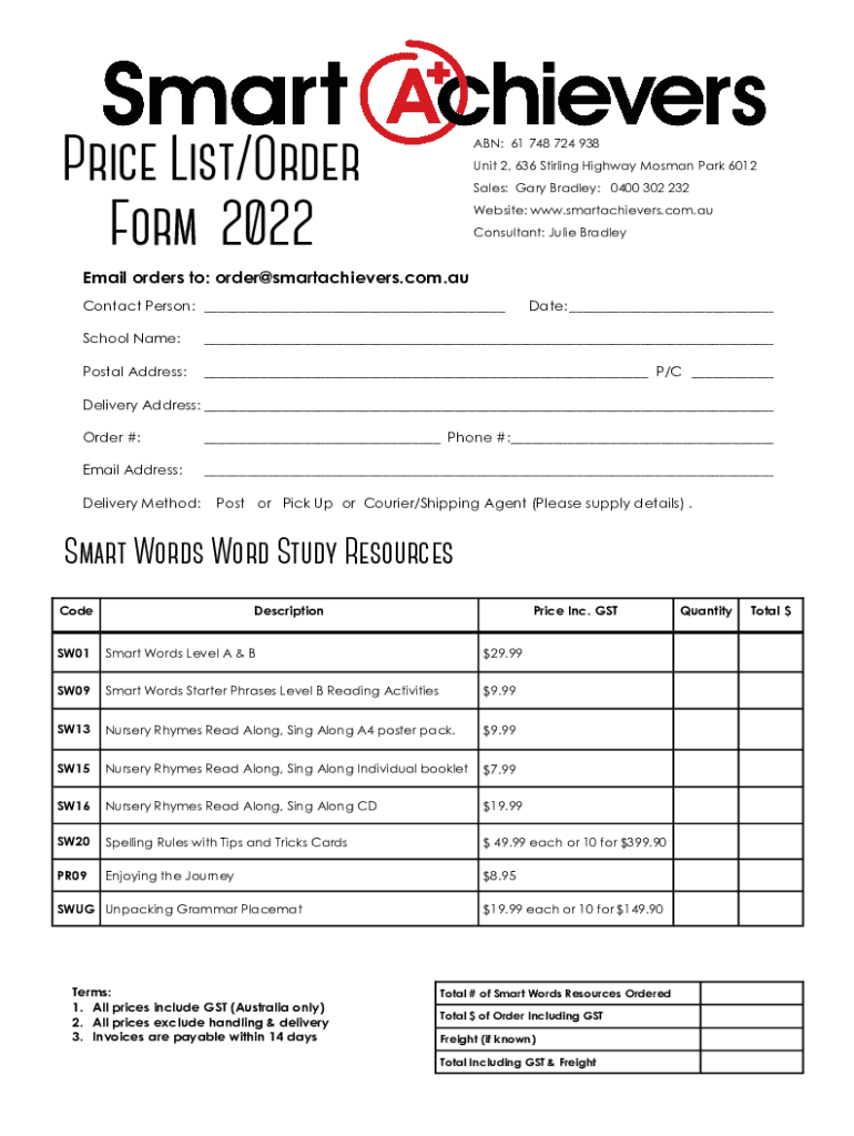 Fillable Online Price List/Order Form 2022 - Smart Achievers Fax Email ...