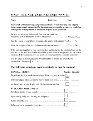 Fillable Online Mast Cell Mediator Release Syndrome Questionnaire bothersome, rarely ... Fax ...