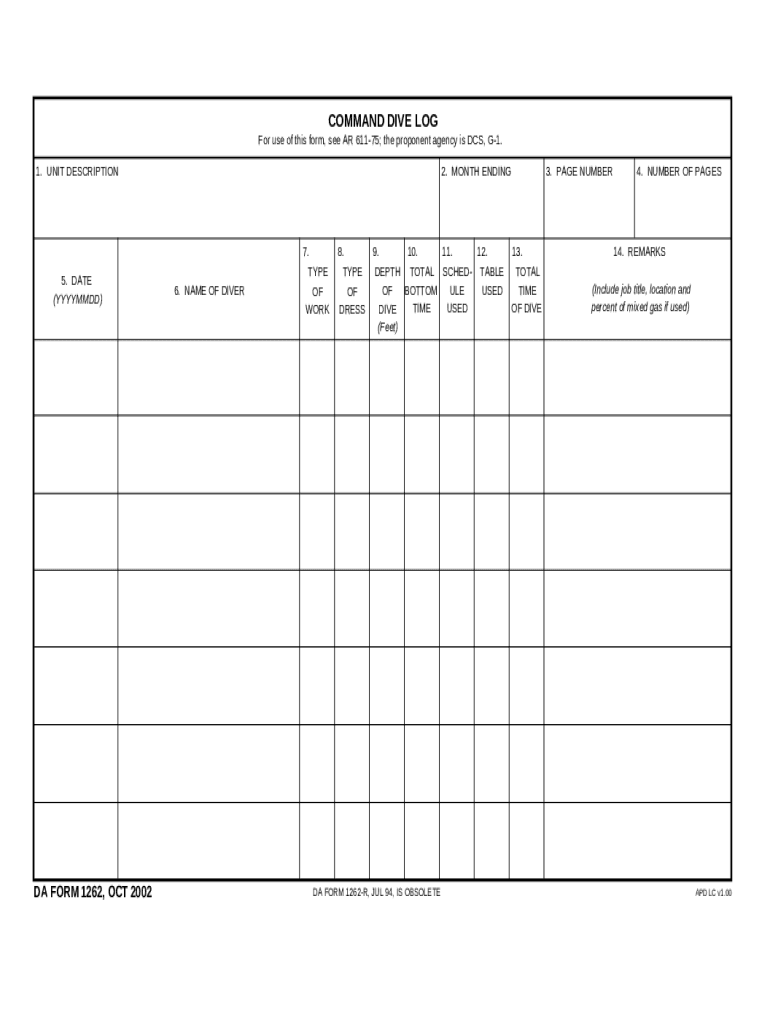 Fillable Online COMMAND DIVE LOG. DA FORM 1262, OCT 2002 Fax Email ...